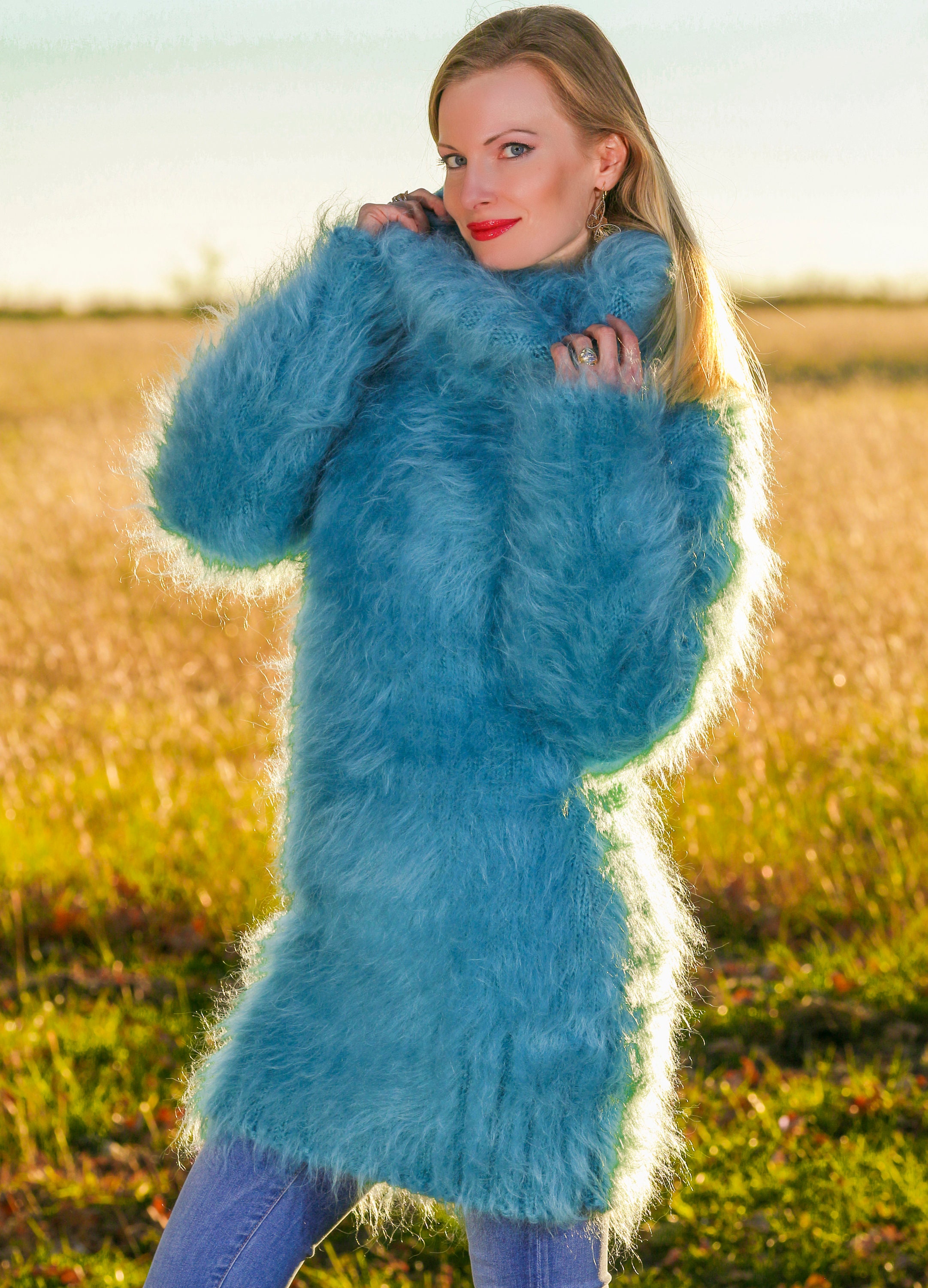 Thick Fuzzy Mohair Sweater Dress Hand Knitted Turtleneck Fuzzy ...