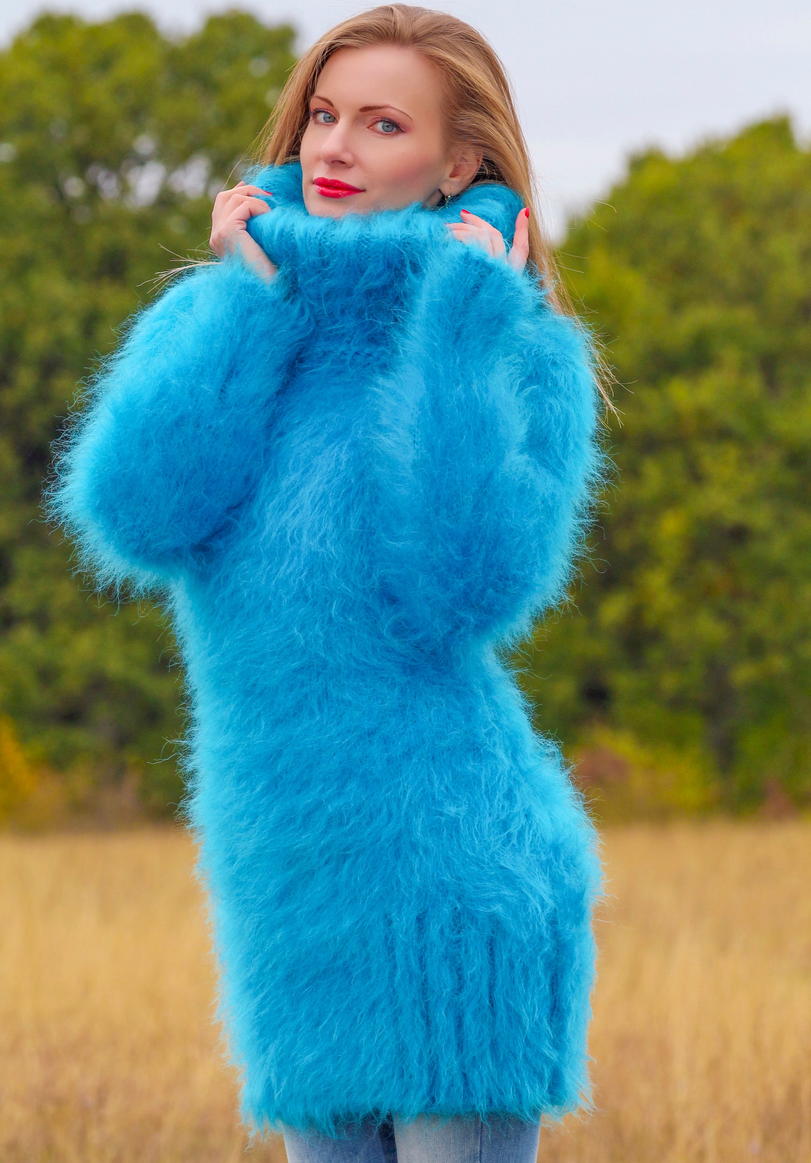 Thick Fuzzy Mohair Sweater Dress Hand Knitted Turtleneck Fuzzy ...