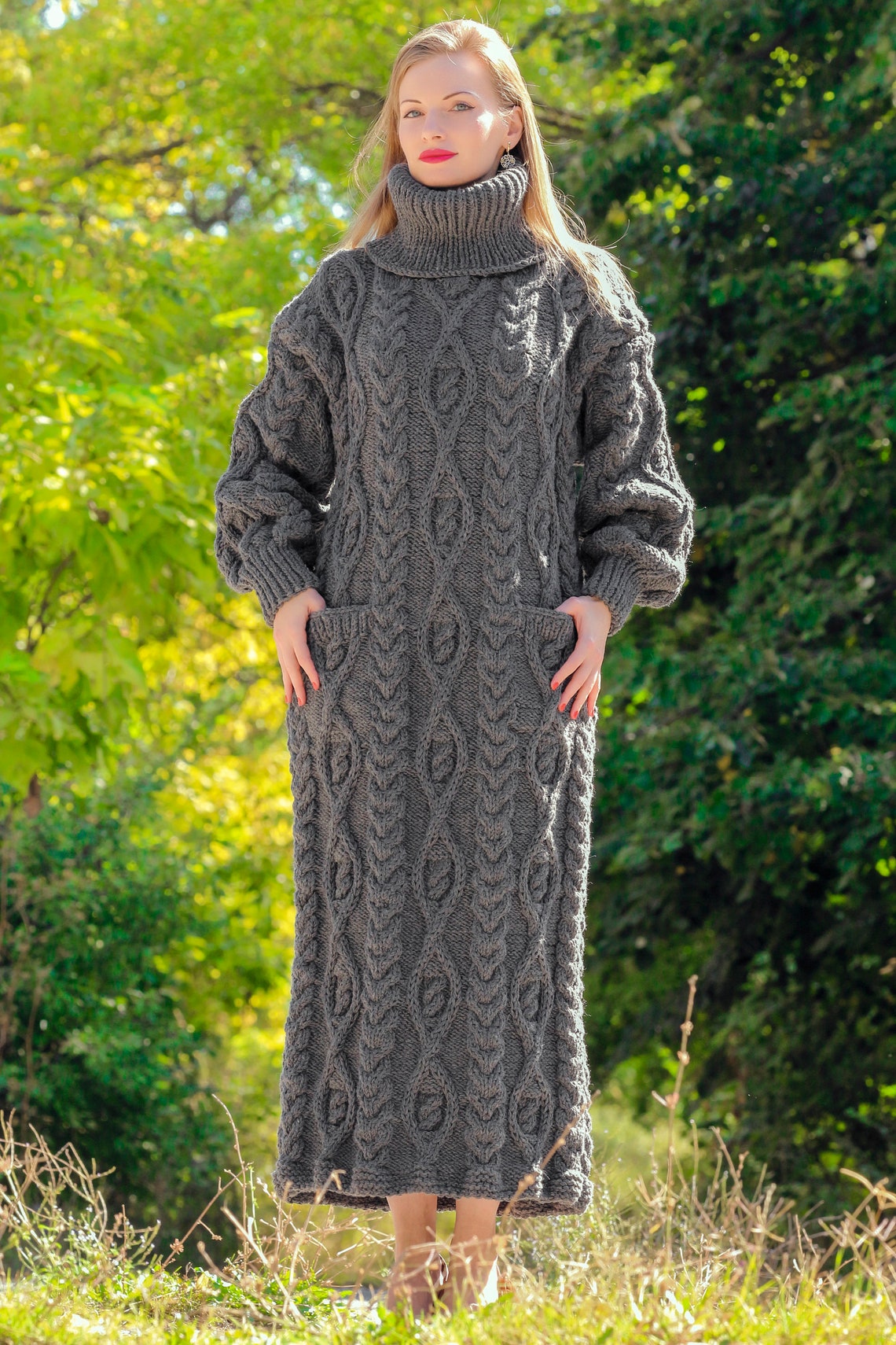 Luxurious Cable Knit Wool Dress Hand Knitted Long Turtleneck Sweater ...