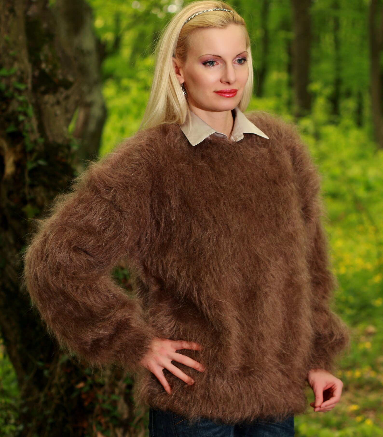 Fuzzy Crewneck Mohair Sweater Hand Knitted Fluffy Pullover Warm Jumper ...