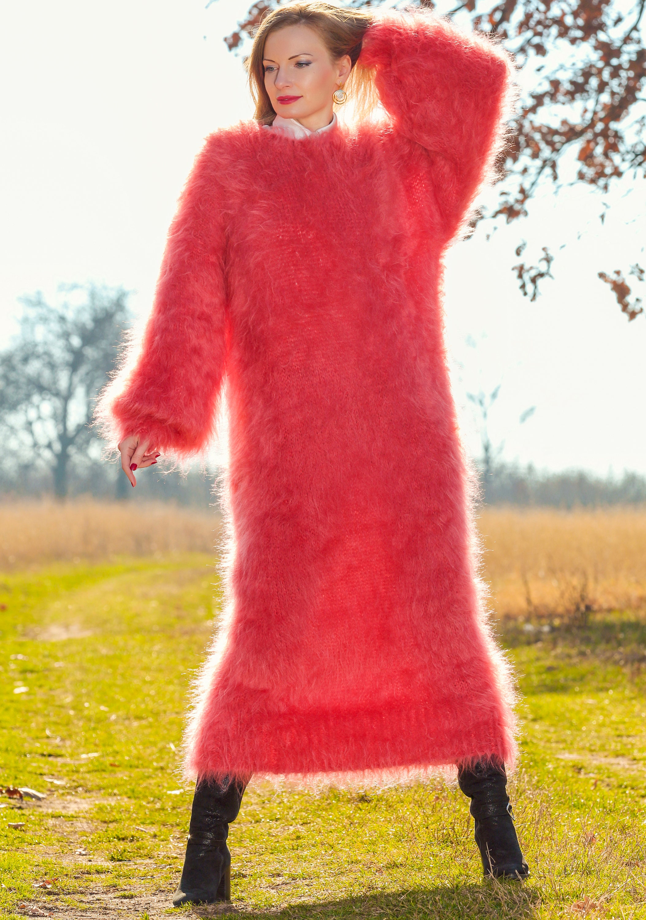 Supertanya Pastel Red Coral Mohair Dress Long Slouchy Sweater Tunic ...