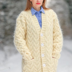 Supertanya Long Mohair Coatigan V Neck Mohair Cardigan Long Cable Knit ...