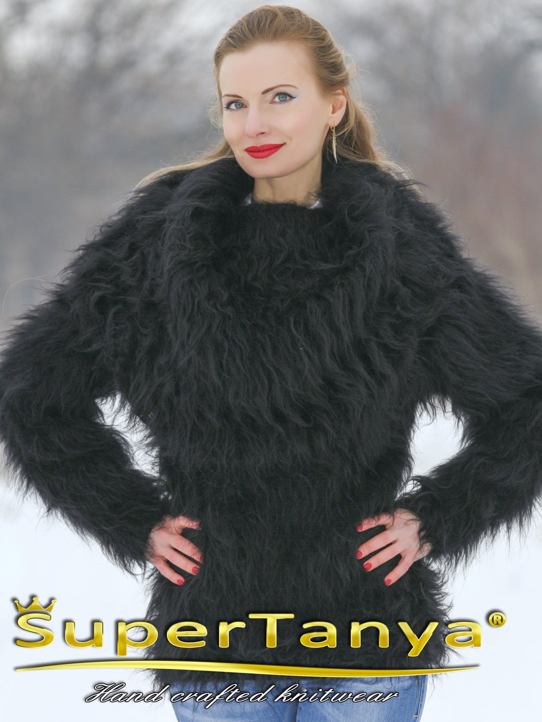 Fuzzy Cowlneck Sweater Hand Knitted Thick Fluffy Jumper Designed By