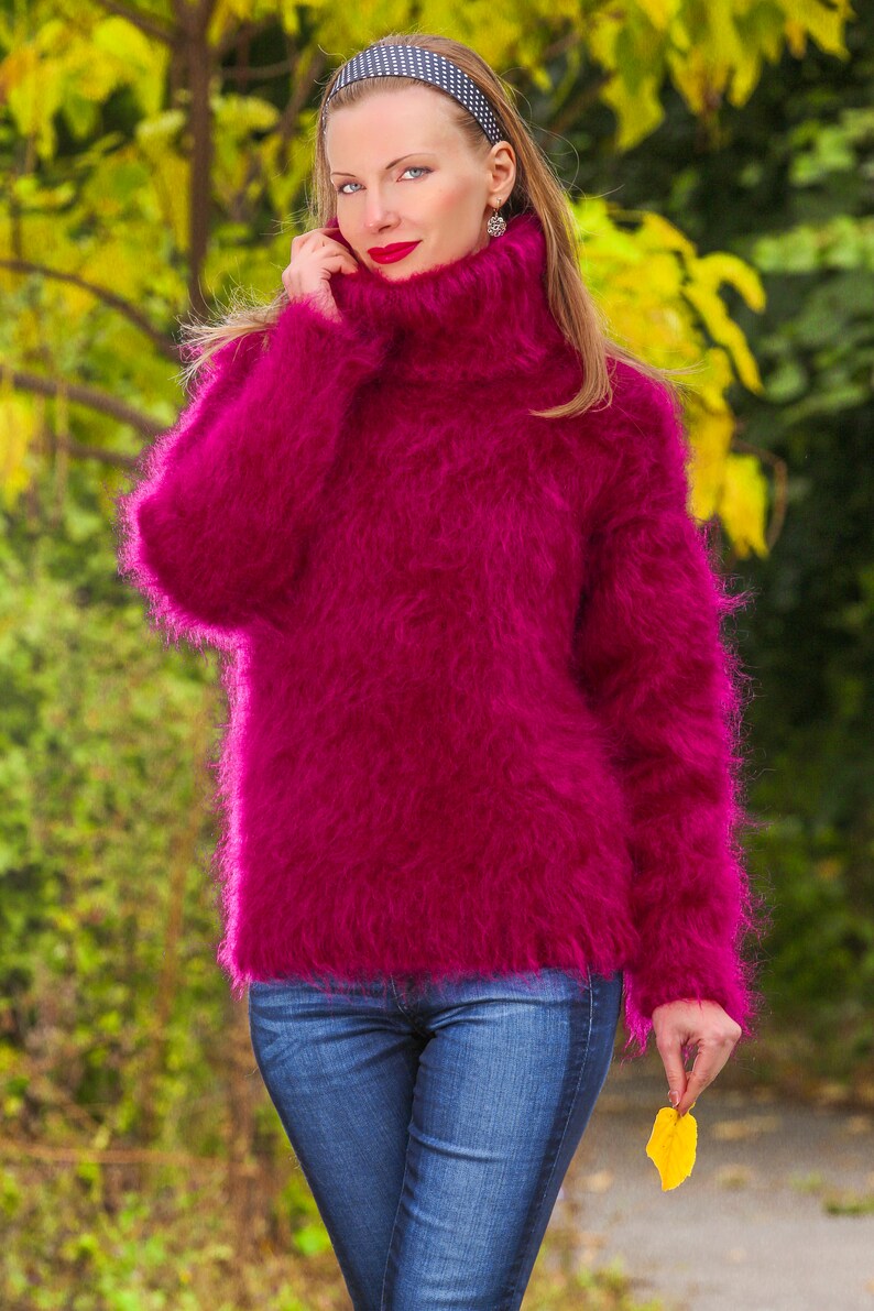 Turtleneck Soft Fuzzy Mohair Sweater Hand Knitted Thick Fluffy | Etsy