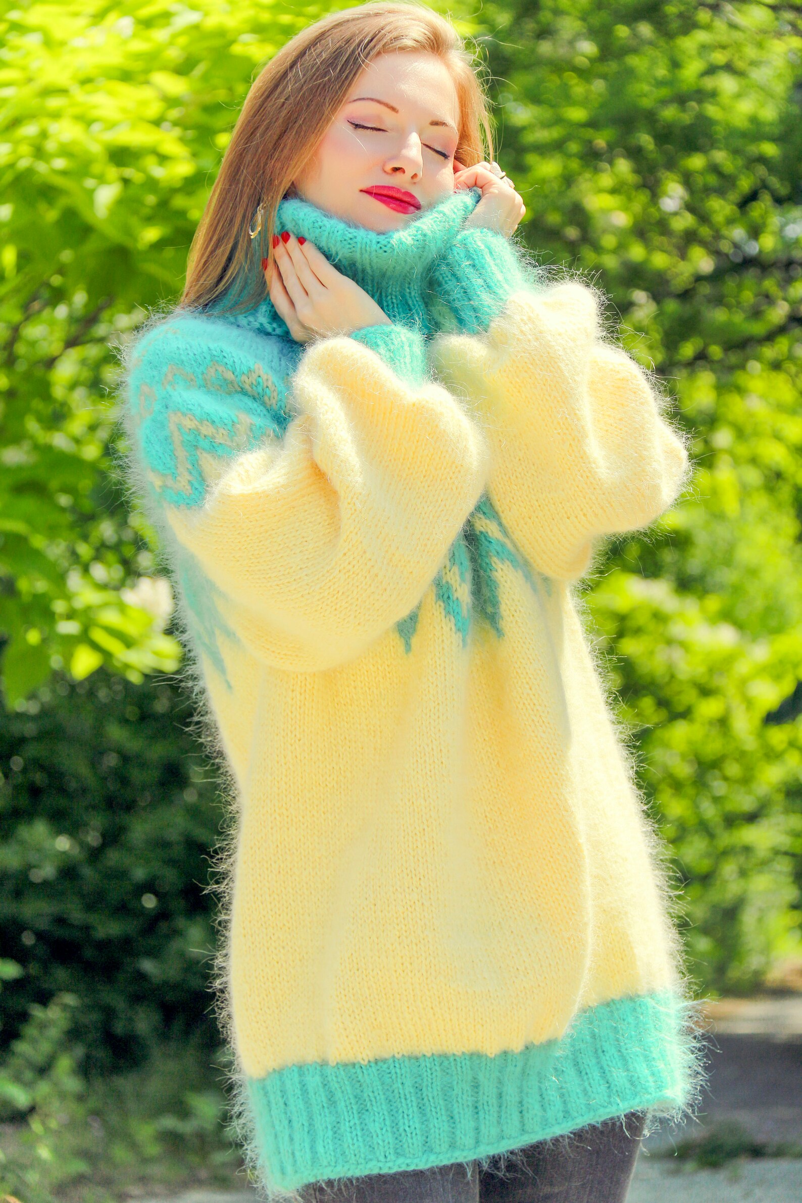 Yellow Green Mohair Sweater With Nordic Icelandic Pattern, Ready to ...