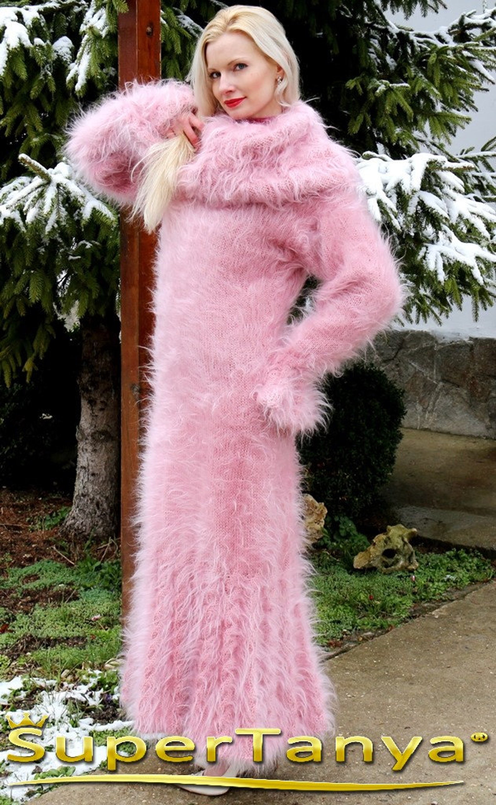 Fuzzy Pink Cowlneck Mohair Dress Long Fuzzy Dress Hand Knitted Gown by ...