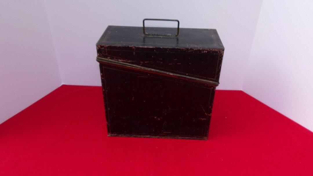 File Box Antique Metal Slim Storage Paperwork Organizer Vintage Black ...