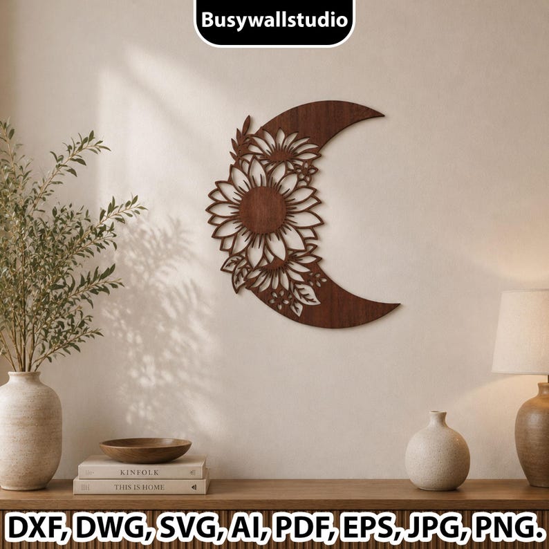Sunflower Moon Wall Art SVG, Floral Crescent Moon Laser Cut File ...