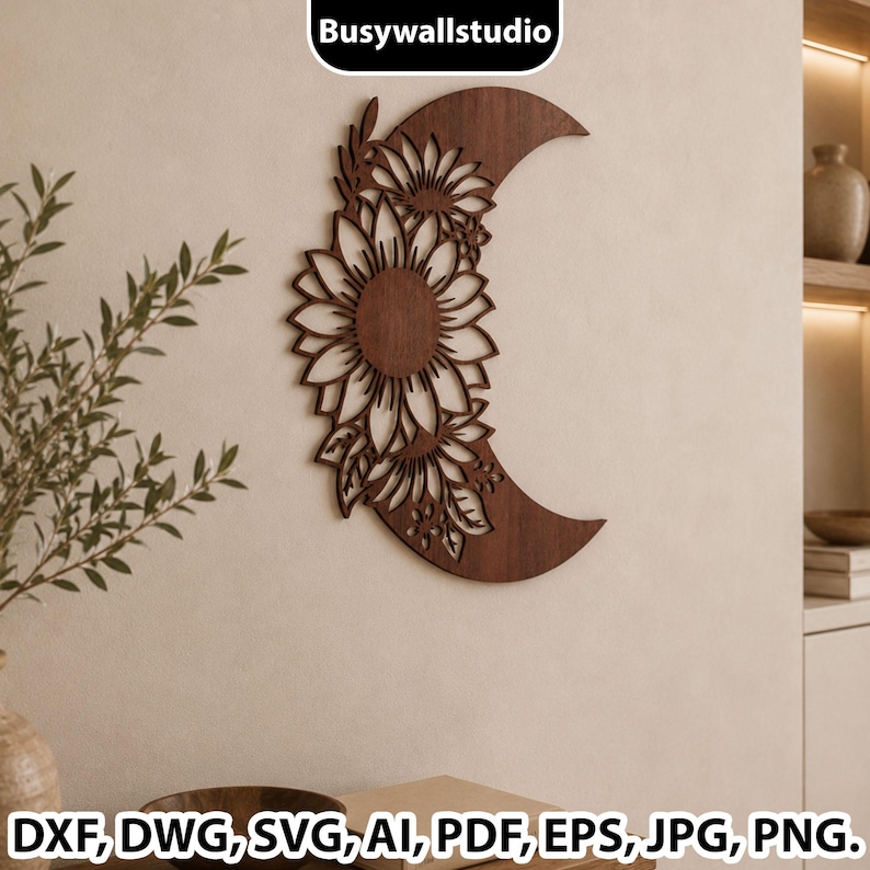 Sunflower Moon Wall Art SVG, Floral Crescent Moon Laser Cut File ...