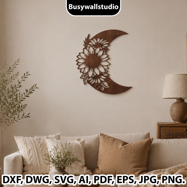Sunflower Moon Wall Art SVG, Floral Crescent Moon Laser Cut File ...