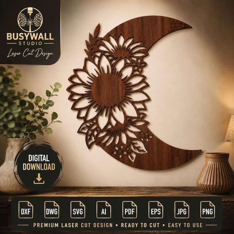 Sunflower Moon Wall Art SVG, Floral Crescent Moon Laser Cut File ...
