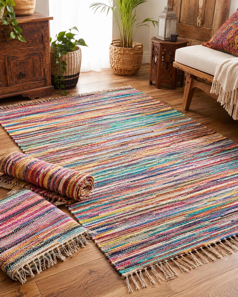 Handmade Multi Colour Cotton Rag Rug, Boho Kitchen Mat, Colourful Home ...