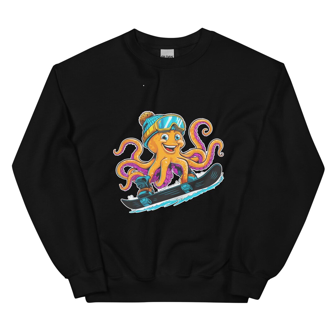 Octopus Snowboarding Fun Cartoon Snowboarder Crewneck Sweatshirt - Etsy