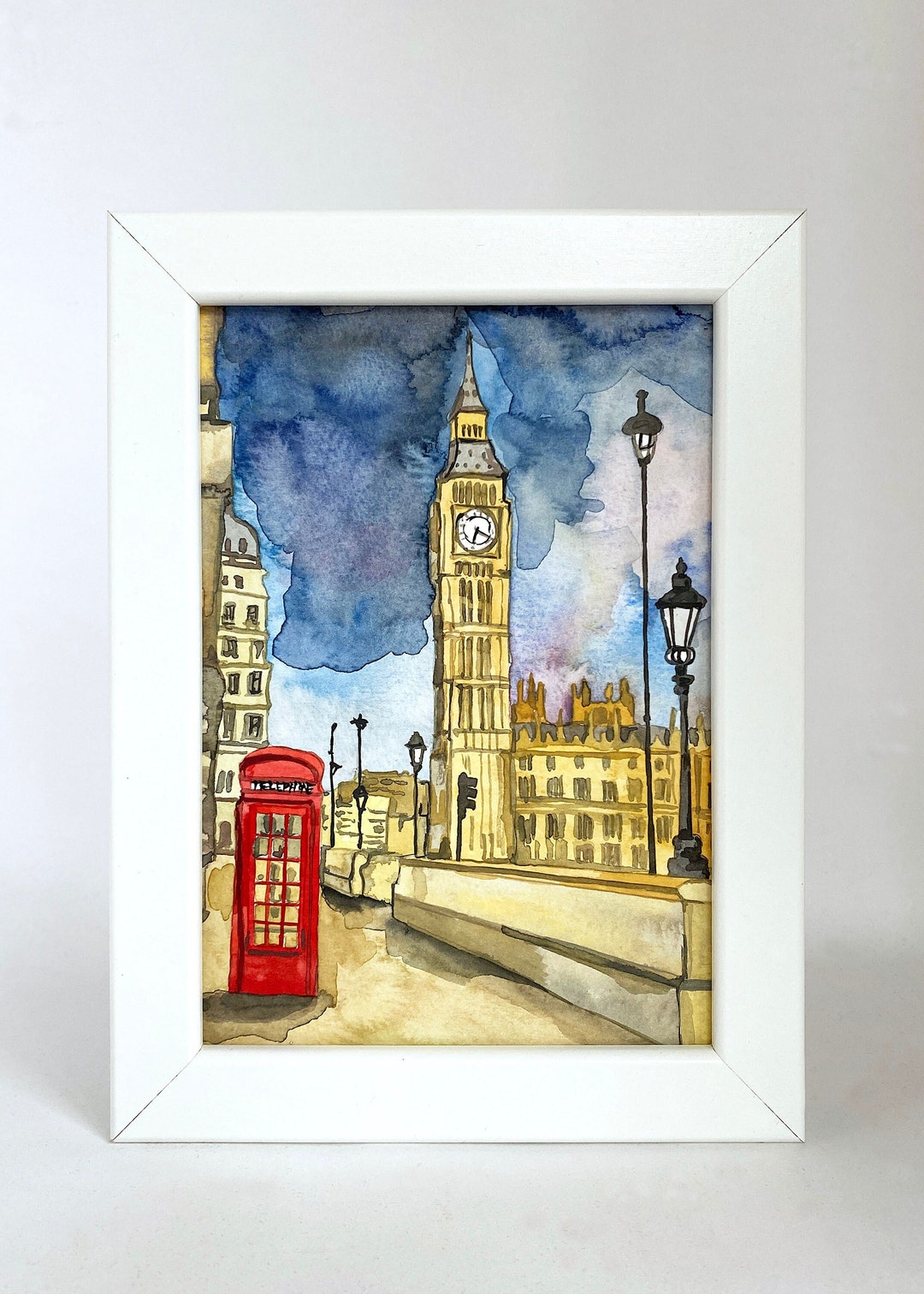 Small Watercolor Watercolour Painting ORIGINAL London Big Ben Houses of ...