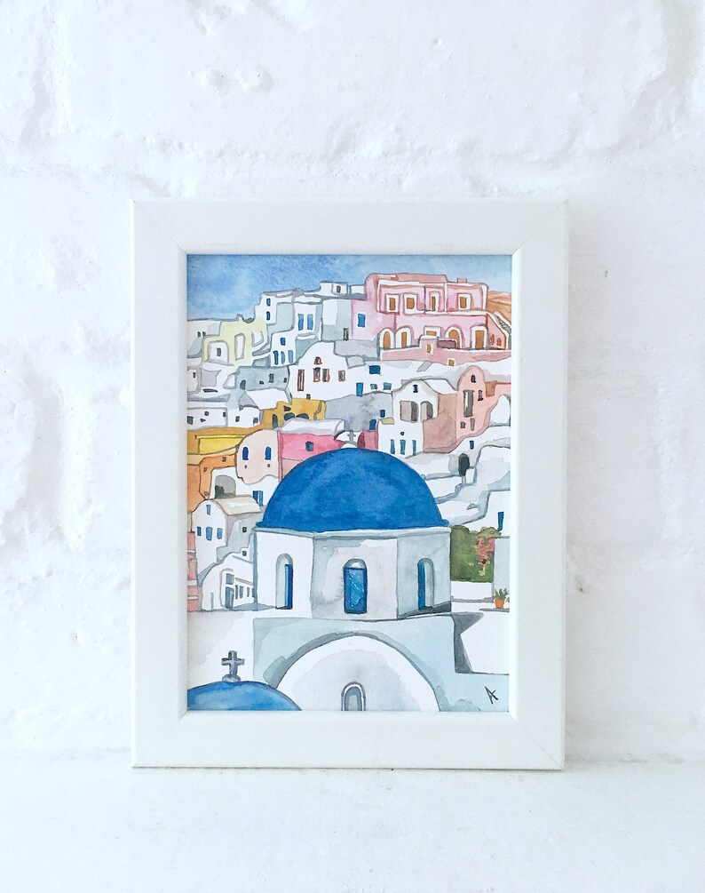Small Painting Greece Greek Santorini Oia Blue Dome Church Landscape ...