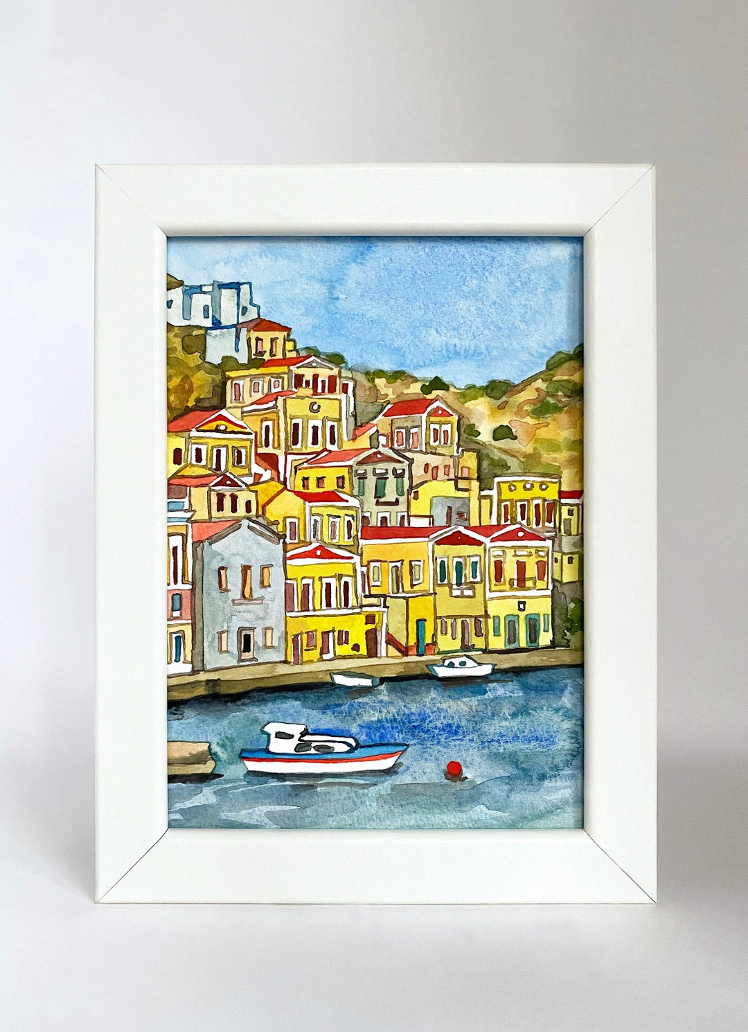 Symi Island Greece Watercolor Watercolour Small Painting Framed Greek ...
