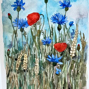 Small Custom Watercolor Watercolour Painting ORIGINAL Red Poppy Flowers ...
