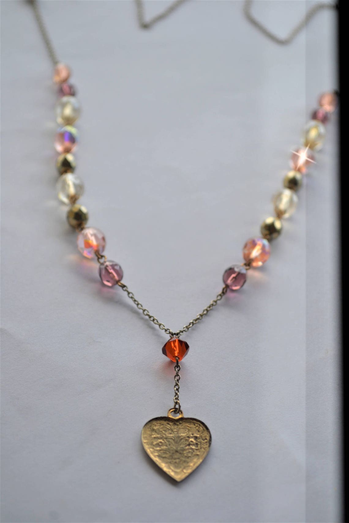 Vintage Rachel Necklace, Beaded Charm Necklace, Aurora Borealis Beads ...