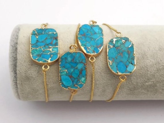 18k Gold Plated Natural Blue Vein Turquoise Adjustable - Etsy