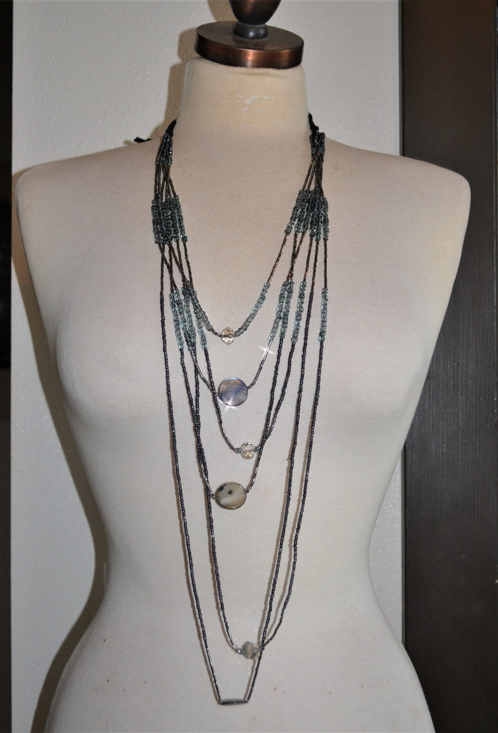 Long Necklace, Long Multistrand Necklace, Blue Layered Seed Bead ...