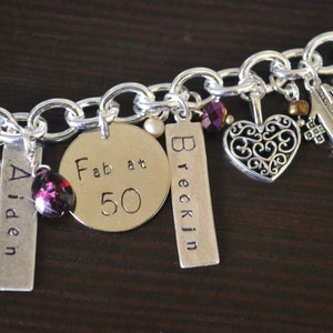 Charm Bracelet, Stamped Tag Charms, Hand Stamped Bracelet, Personalized ...