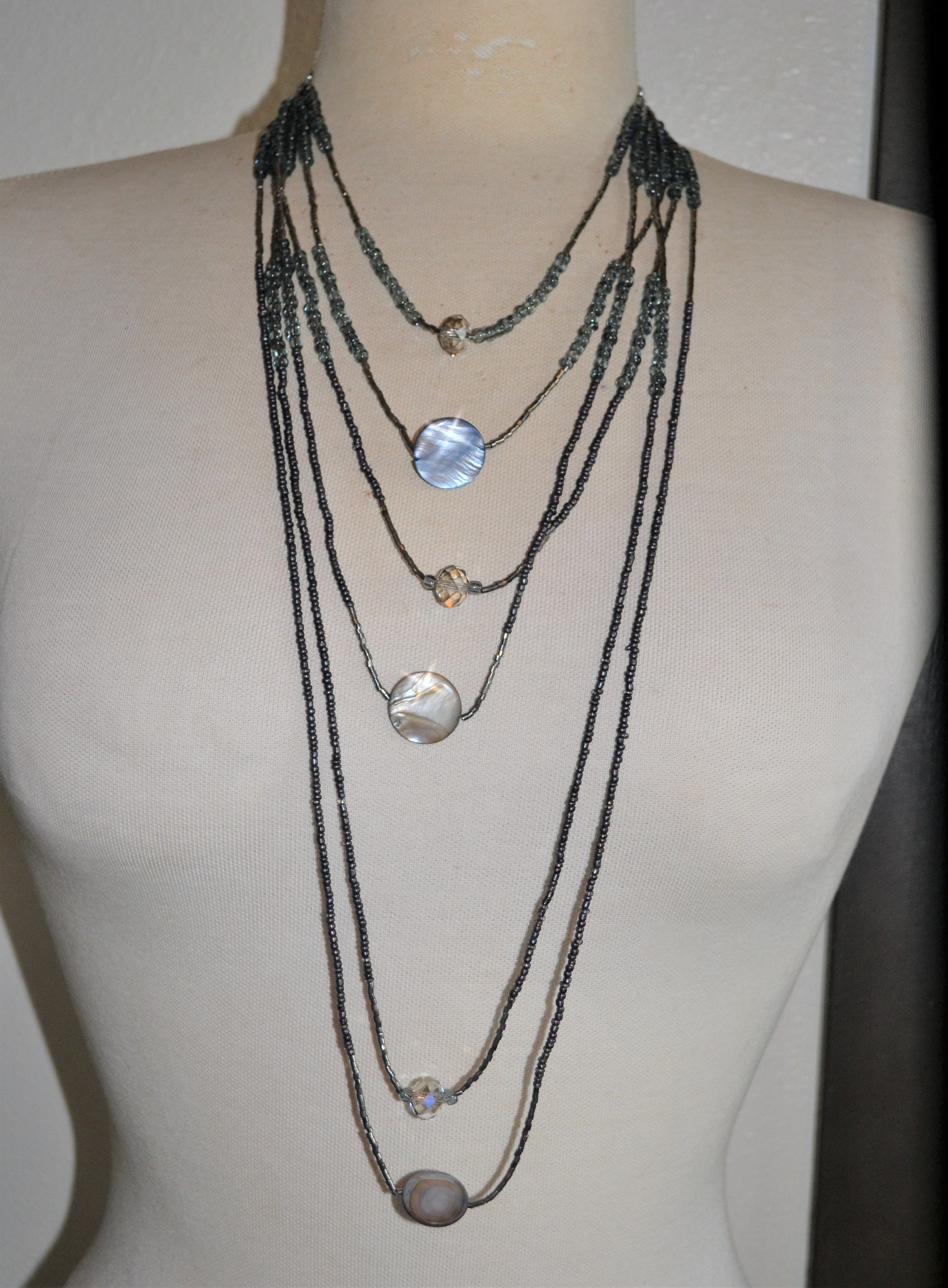 Long Necklace, Long Multistrand Necklace, Blue Layered Seed Bead ...