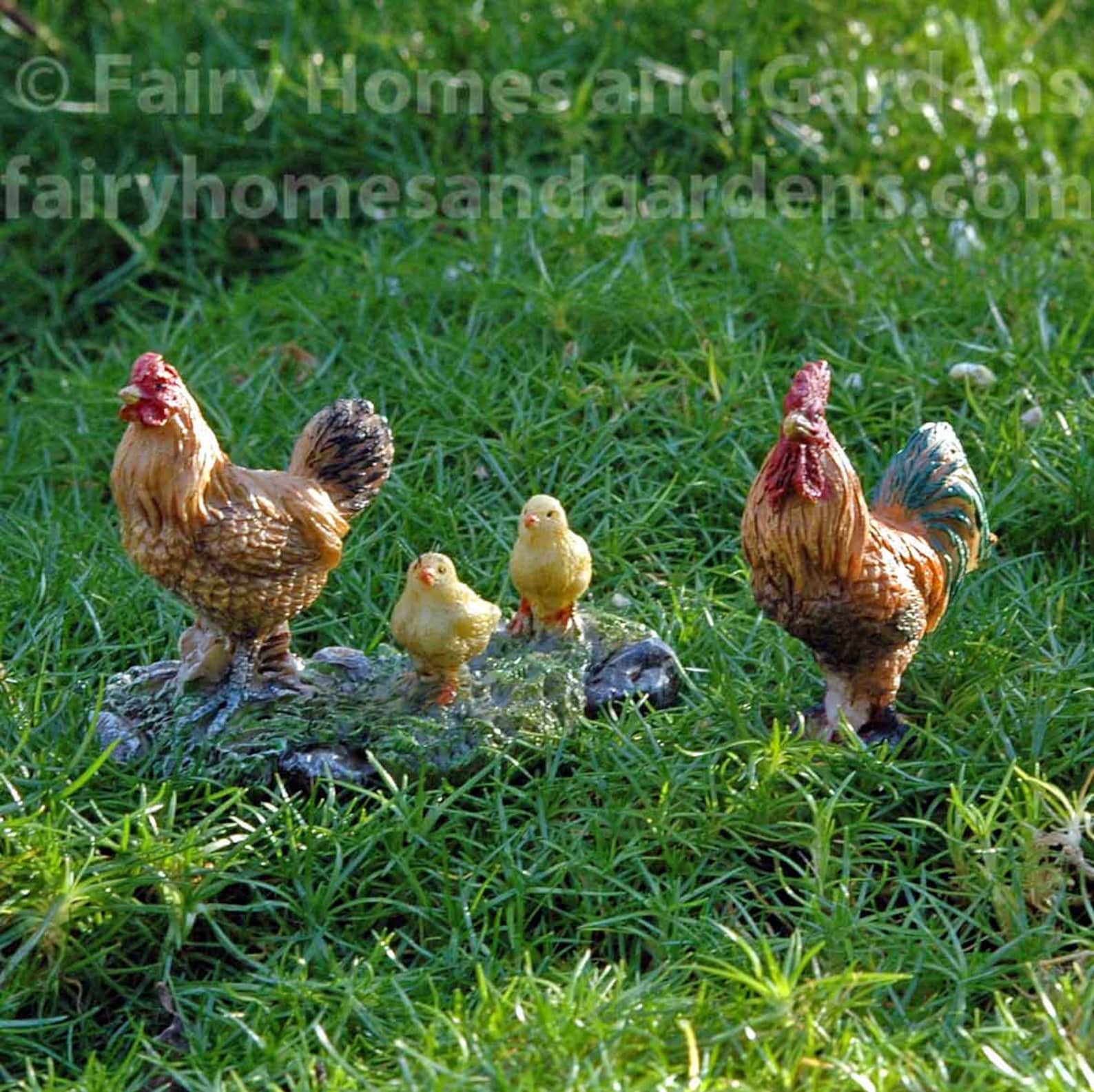 Miniature Rooster, Hen, and Chicks Figurines - Miniature Fairy Garden ...
