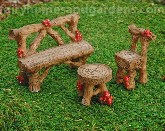 Miniature Rustic Fairy Furniture Set - Rustic Mushroom Bench, Chair ...