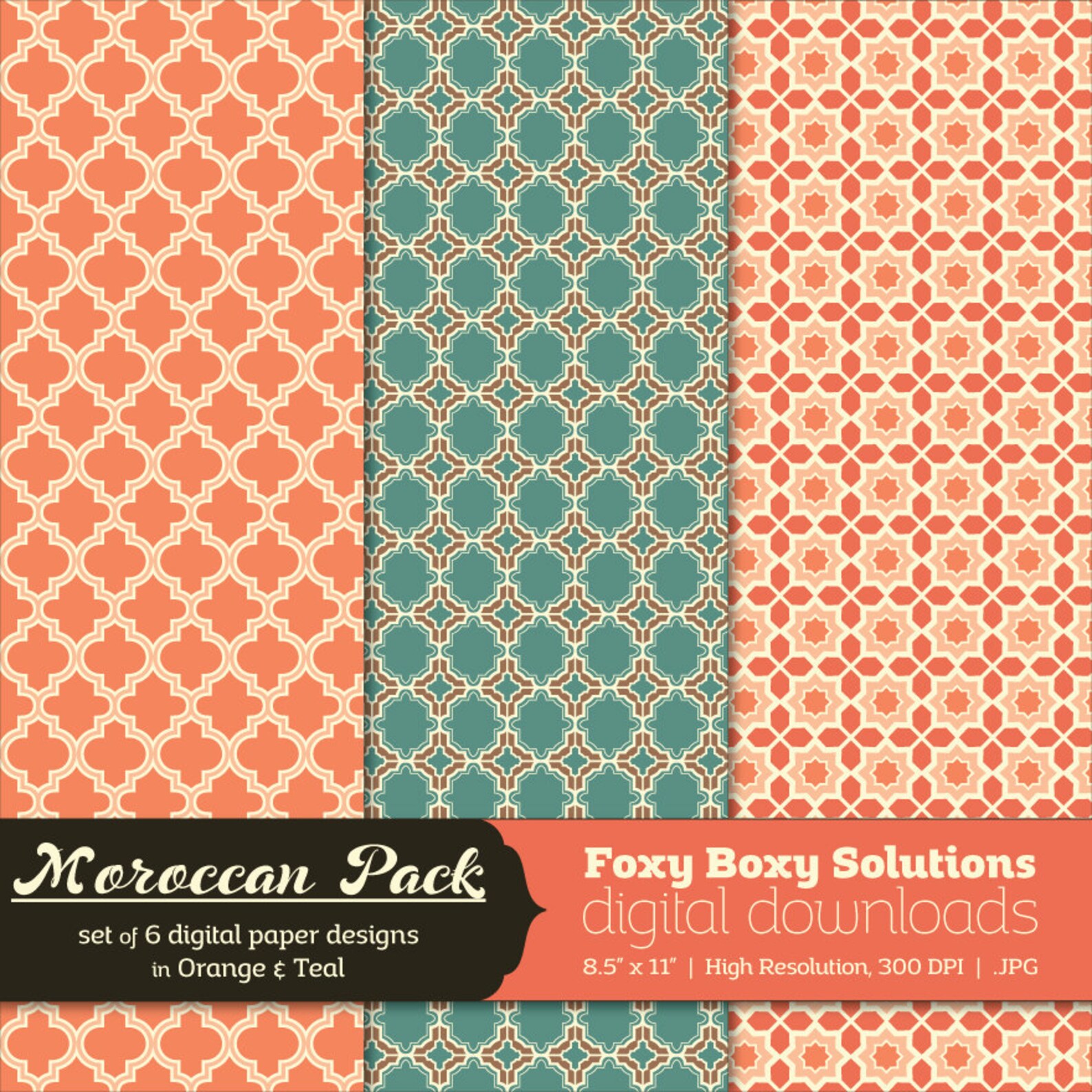 Moroccan Pattern Digital Papers - Orange & Teal, Set of 6 - Printable ...