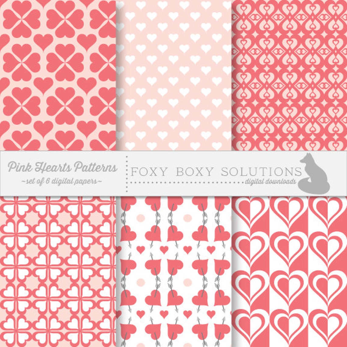 Pink Hearts Patterns Pack: Digital Papers, Set of 6; Dark and Light ...