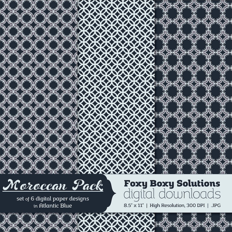 Moroccan Pattern Digital Papers - Atlantic Blue, Set of 6 - Printable ...
