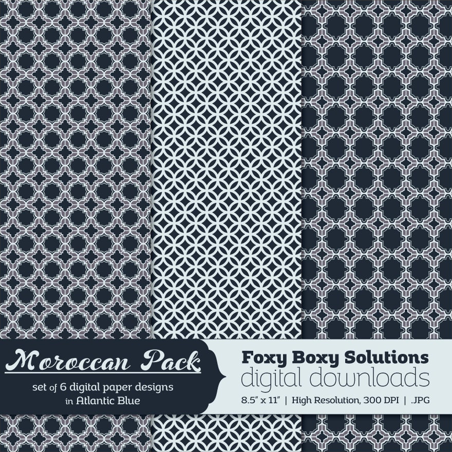 Moroccan Pattern Digital Papers - Atlantic Blue, Set of 6 - Printable ...
