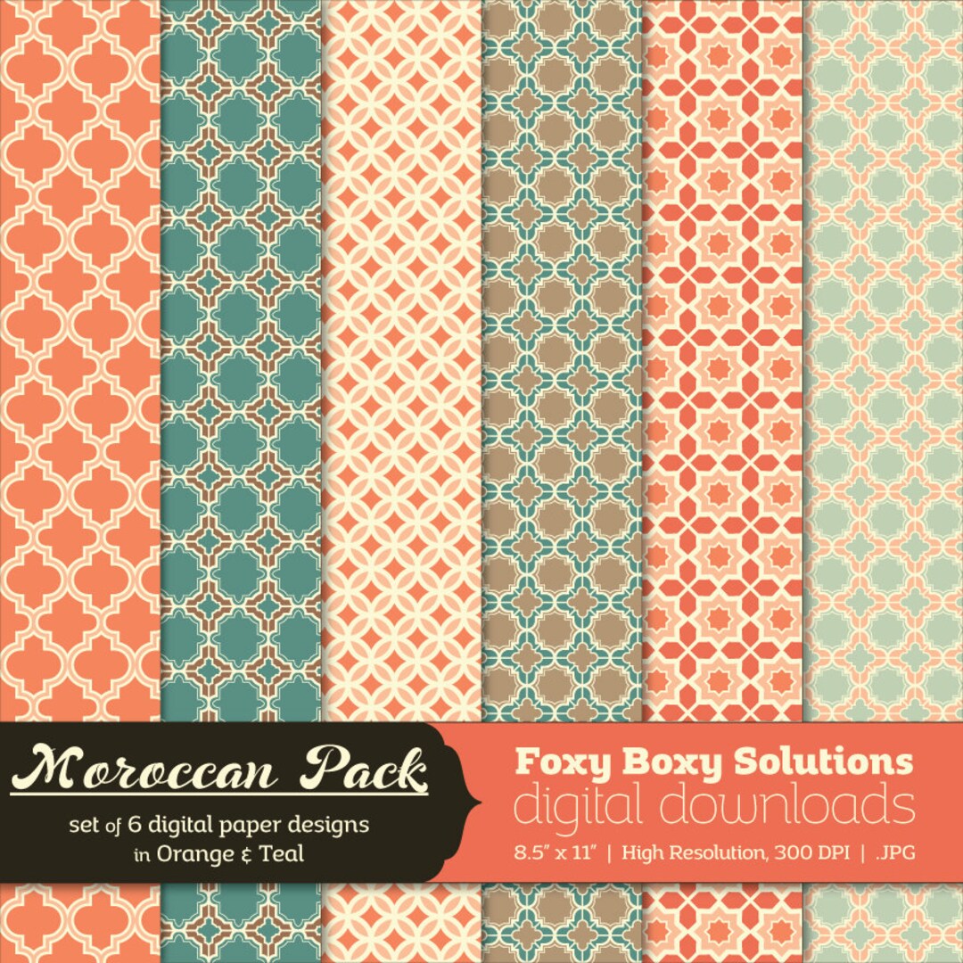 Moroccan Pattern Digital Papers - Orange & Teal, Set of 6 - Printable ...