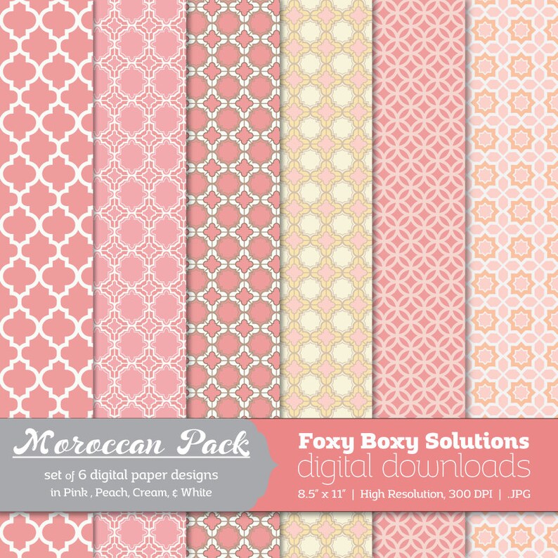 Moroccan Pattern Digital Papers - Peaches & Cream, Set of 6 - Printable ...