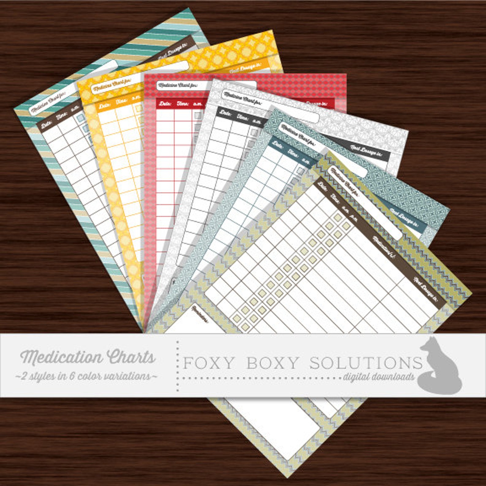 Medication Charts - 2 Different Styles in 6 Colors/patterns; Printable ...