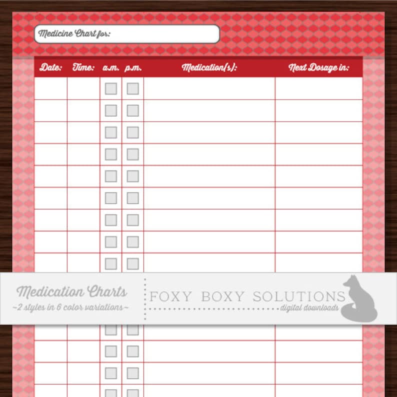 Medication Charts - 2 Different Styles in 6 Colors/patterns; Printable ...
