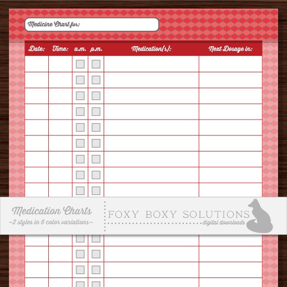 Medication Charts - 2 Different Styles in 6 Colors/patterns; Printable ...