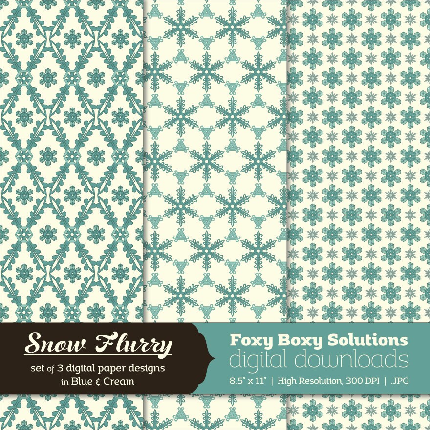 Snow Flurry: Snowflake Pattern Digital Papers, Set of 3 in Blue & Cream ...