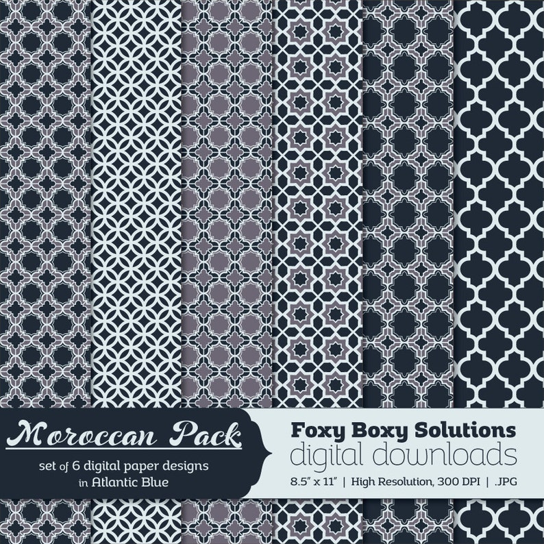 Moroccan Pattern Digital Papers - Atlantic Blue, Set of 6 - Printable ...
