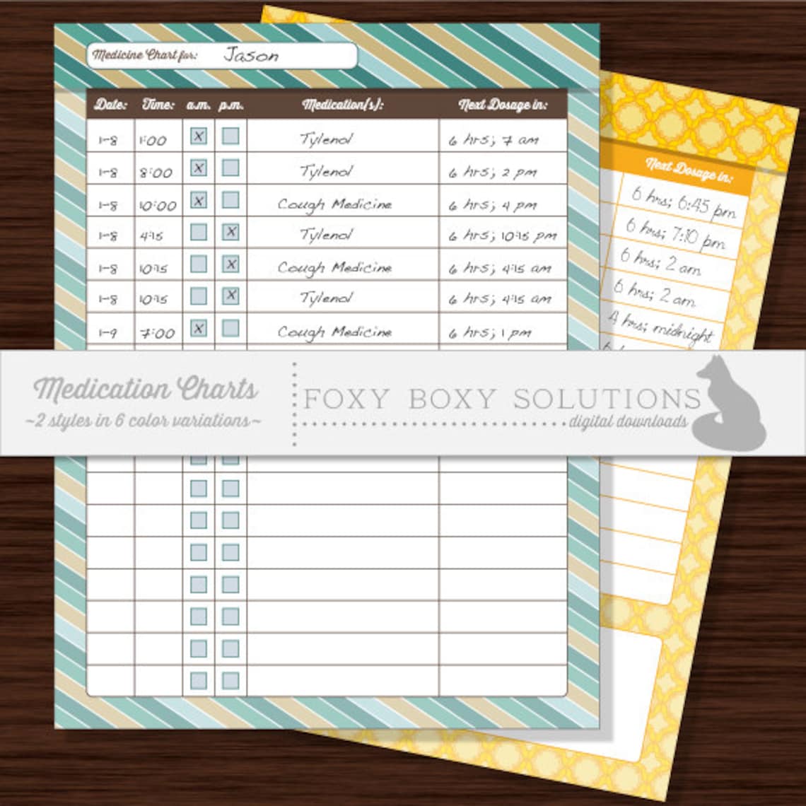 Medication Charts - 2 Different Styles in 6 Colors/patterns; Printable ...