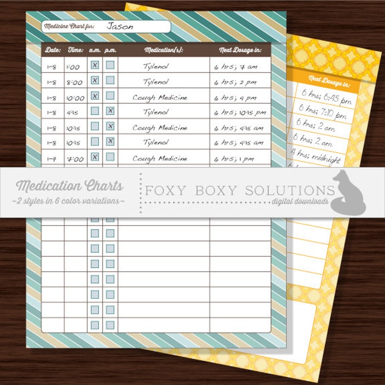 Medication Charts - 2 Different Styles in 6 Colors/patterns; Printable ...