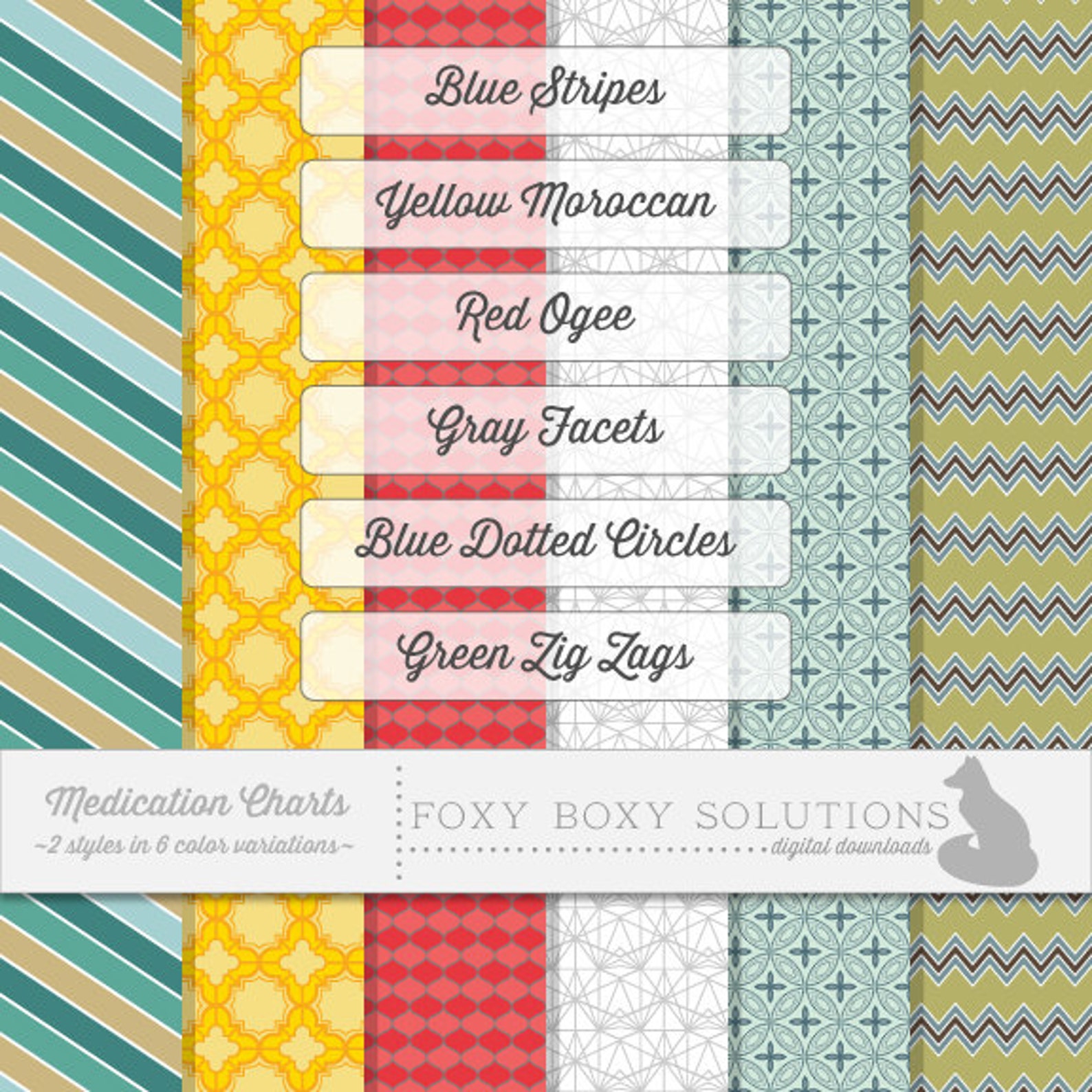 Medication Charts - 2 Different Styles in 6 Colors/patterns; Printable ...