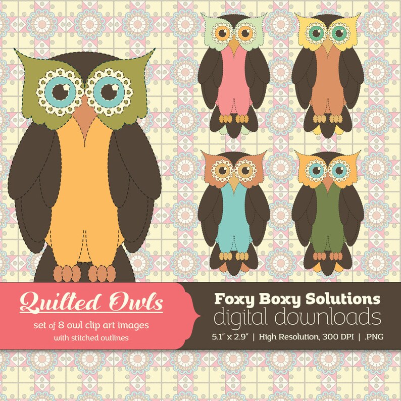 Quilted Owl Clip Art Pack: Set of 8 Colorful Owl Clip Art Images ...