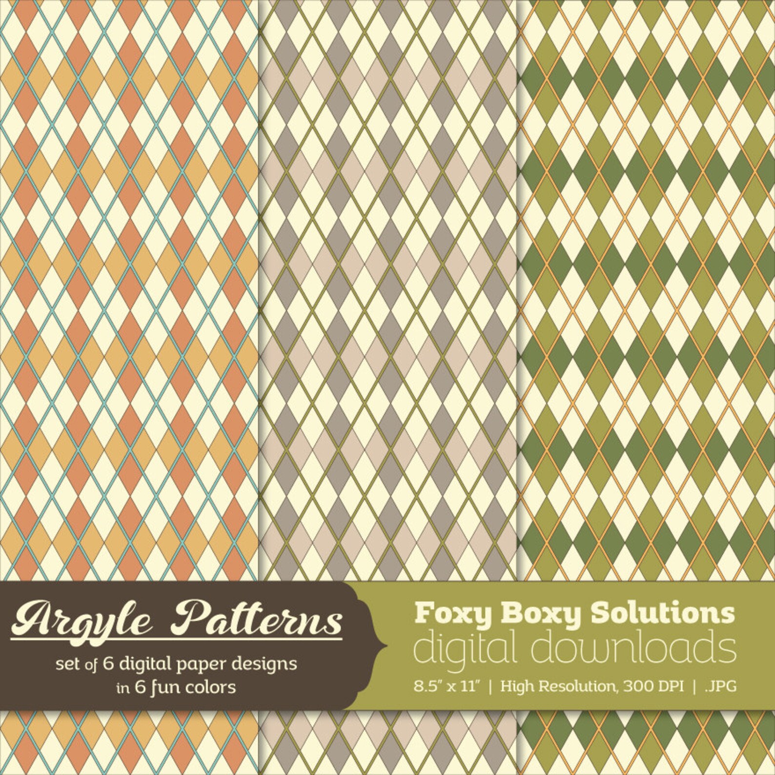Argyle Patterns Digital Paper Pack: Set of 6 Digital Papers in Orange ...
