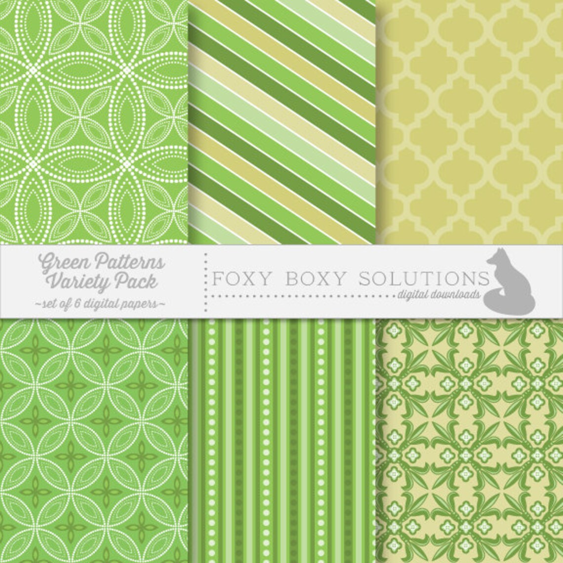 Green Patterns Variety Pack: Digital Papers, Set of 6 stripes, Circles ...