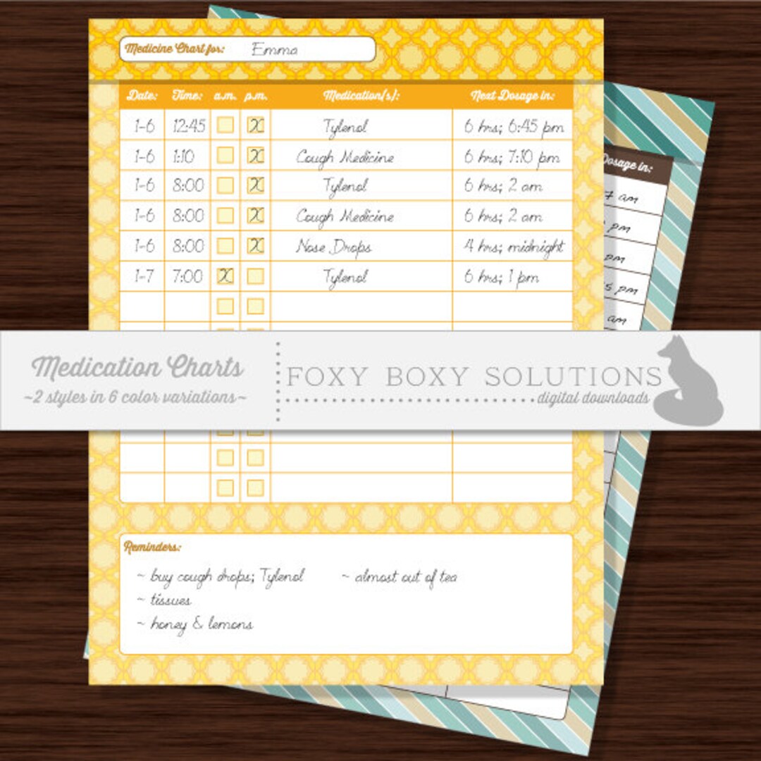 Medication Charts - 2 Different Styles in 6 Colors/patterns; Printable ...