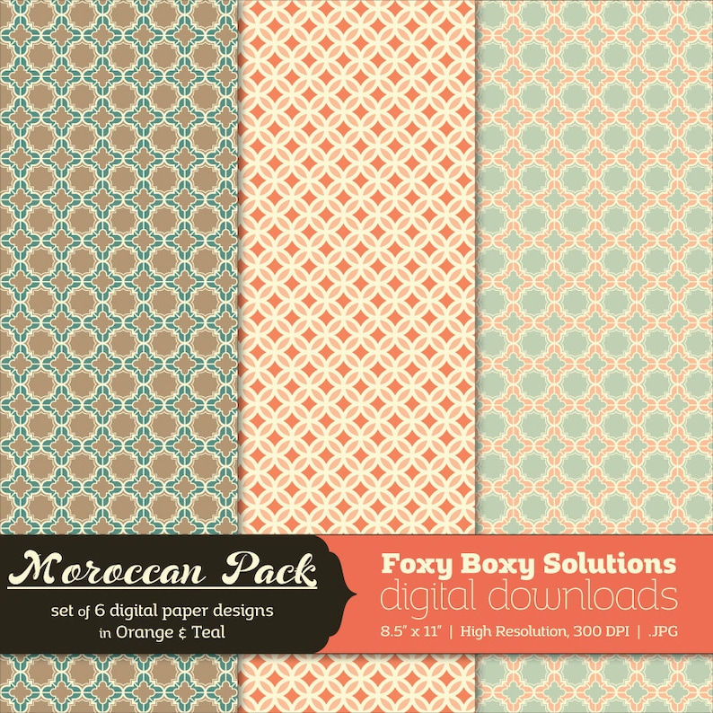 Moroccan Pattern Digital Papers - Orange & Teal, Set of 6 - Printable ...