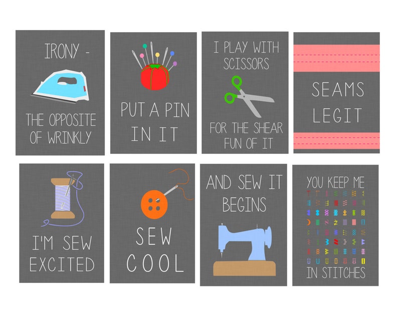 16x20 Set of Eight Dark Grey Funny Sewing Digital Art Prints | Etsy