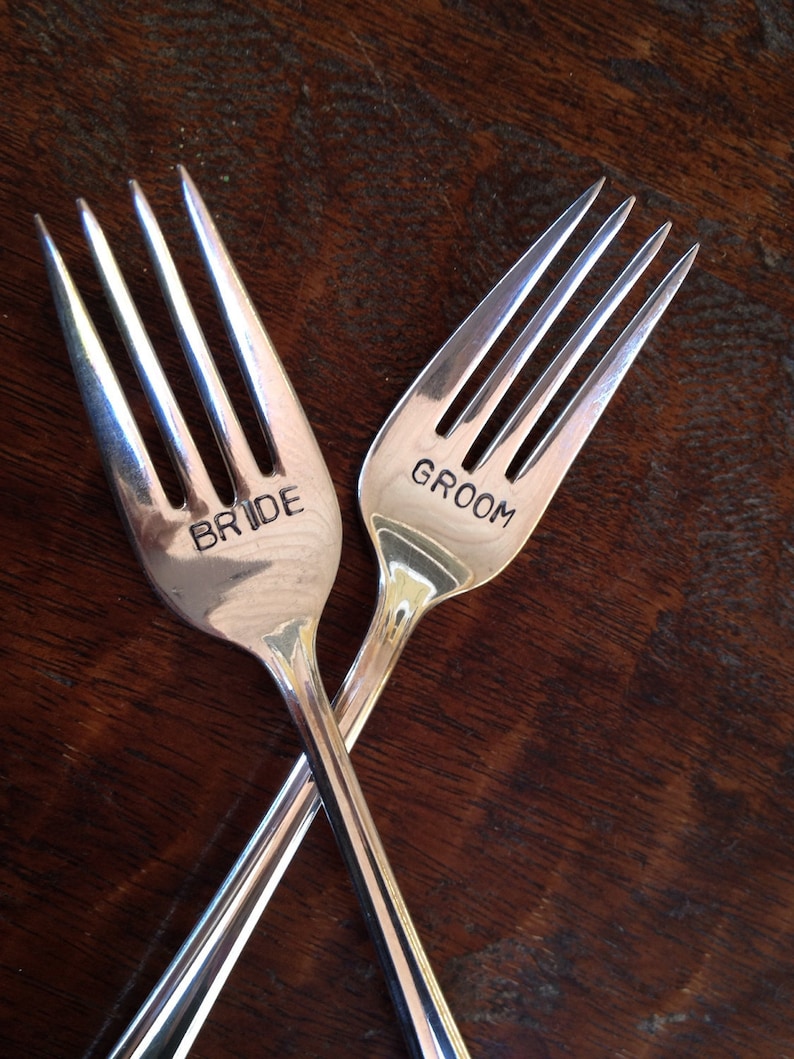 Bride & Groom Wedding Forks Hand Stamped Bridal Forks for Cake Cutting ...