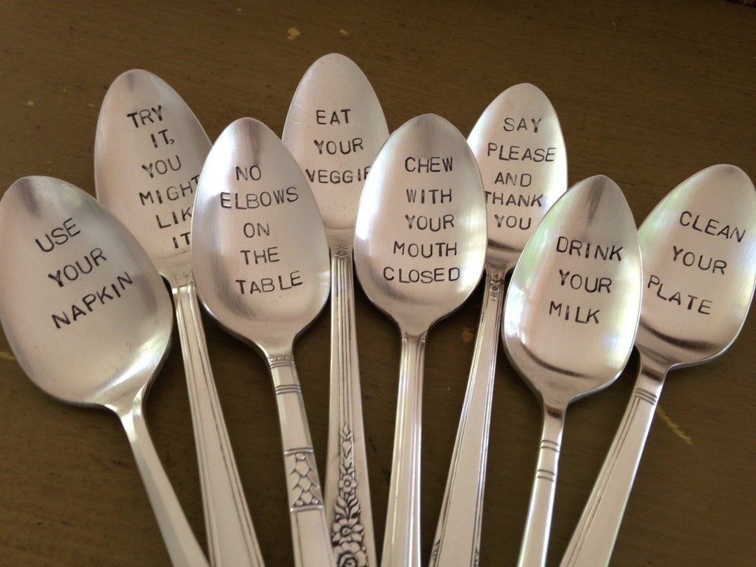 Table Manners Set of 8 Recycled Silverware Spoons Hand Stamped - Etsy